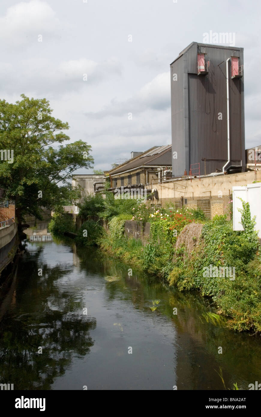 River Wandle Wandsworth South London. Edge of Youngs Brewery site ...