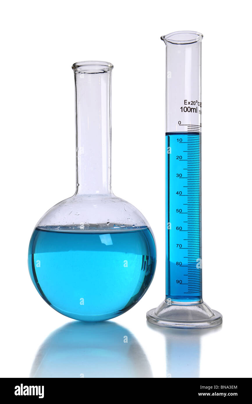 Laboratory glassware with reflections isolated over white background ...