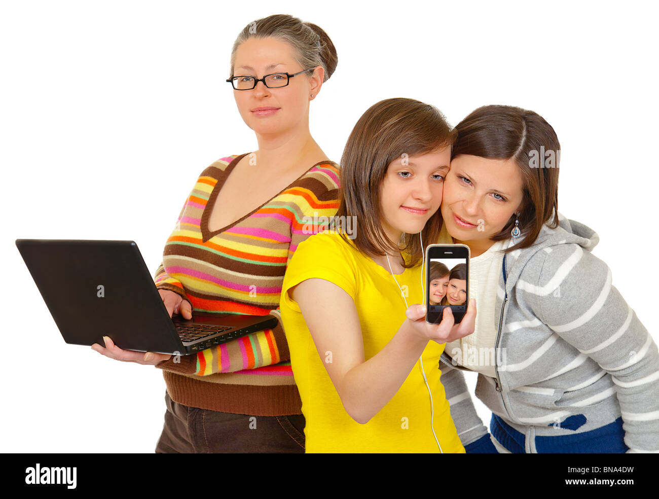 Group portrait of people with laptop, cell phone and ipod Stock Photo ...