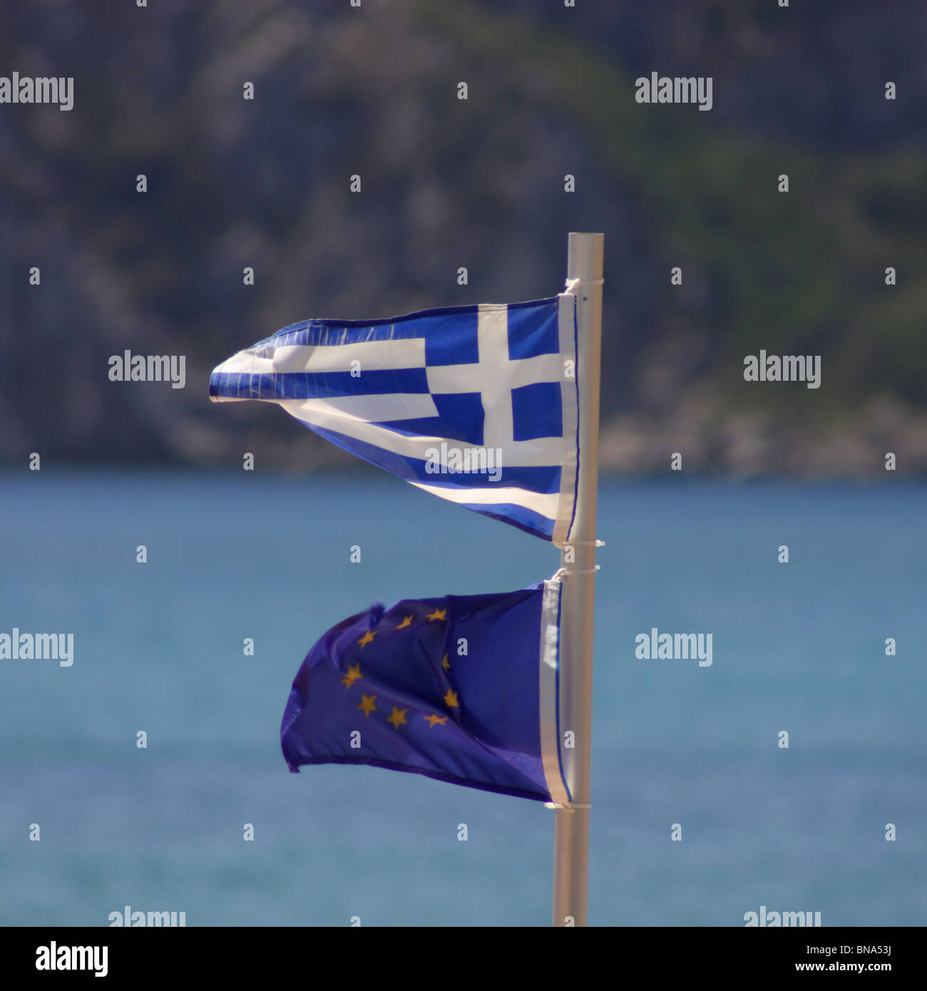 greek flag european union flag Stock Photo - Alamy