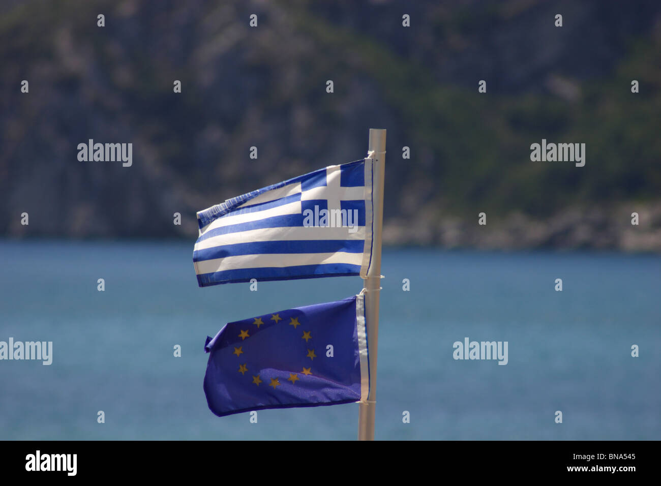 greek flag european union flag Stock Photo - Alamy