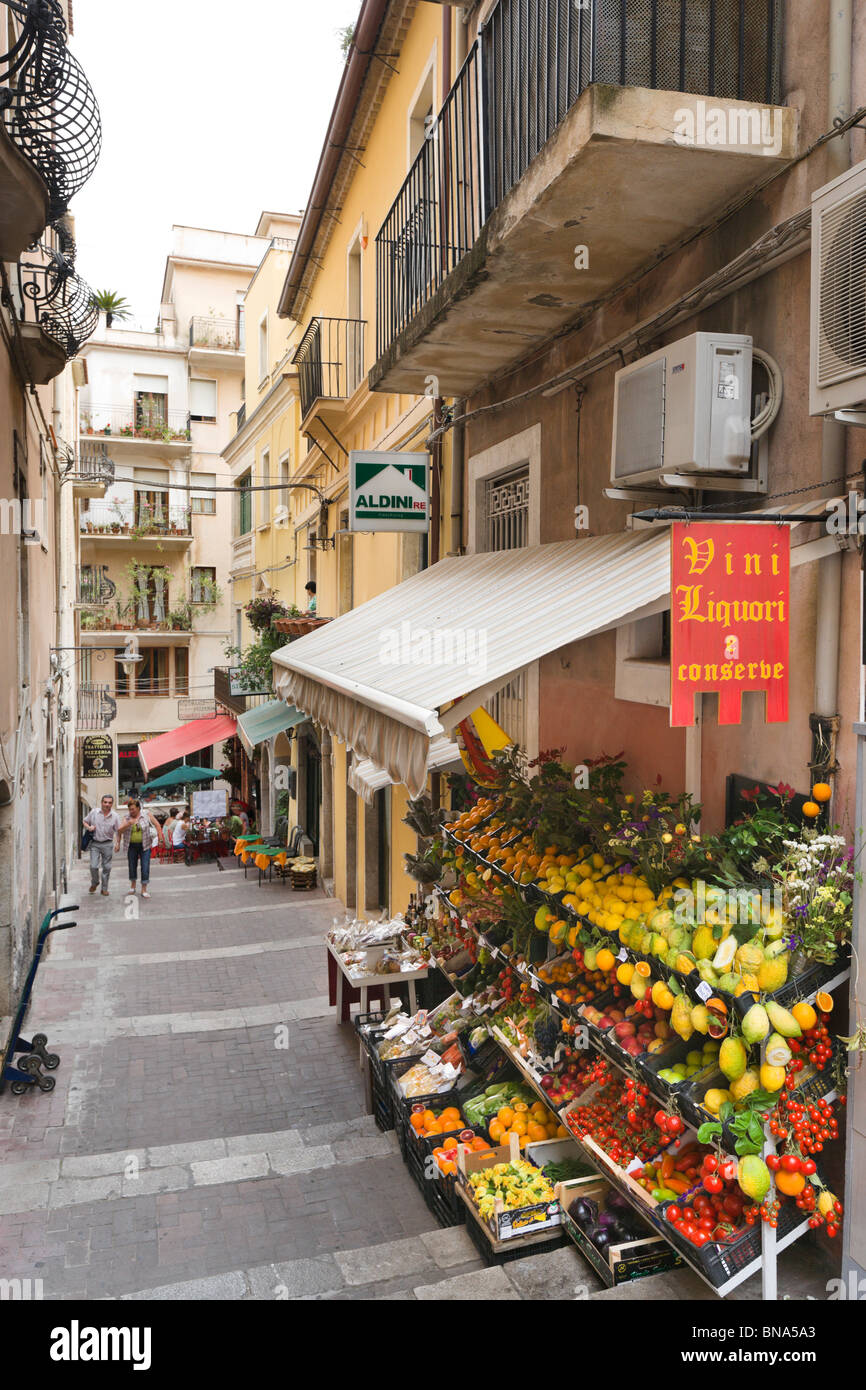 Fruit and Wine shop on a street in the old town, Taormina, South East ...