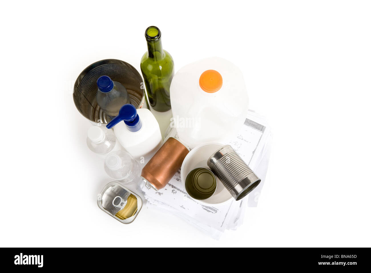Plastic Bottle, Can, Paper and Glass, concept of recycling Stock Photo ...