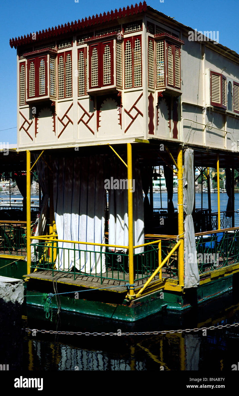 Pontoon of Aswan Moon Restaurant on the river Nile in Aswan in Upper ...