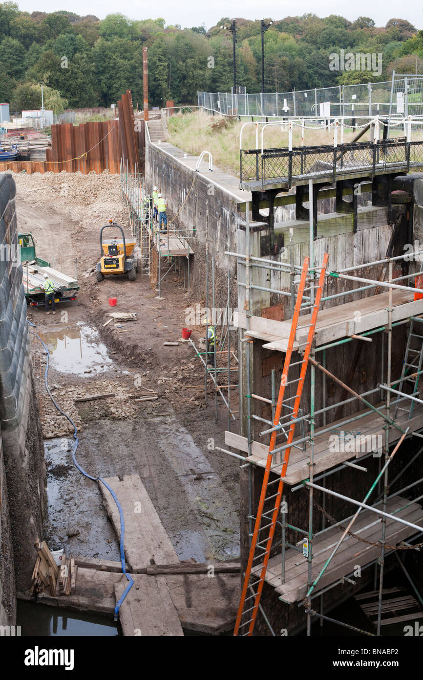 Vale Royal Locks, on the River Weaver, during repair work after a land ...