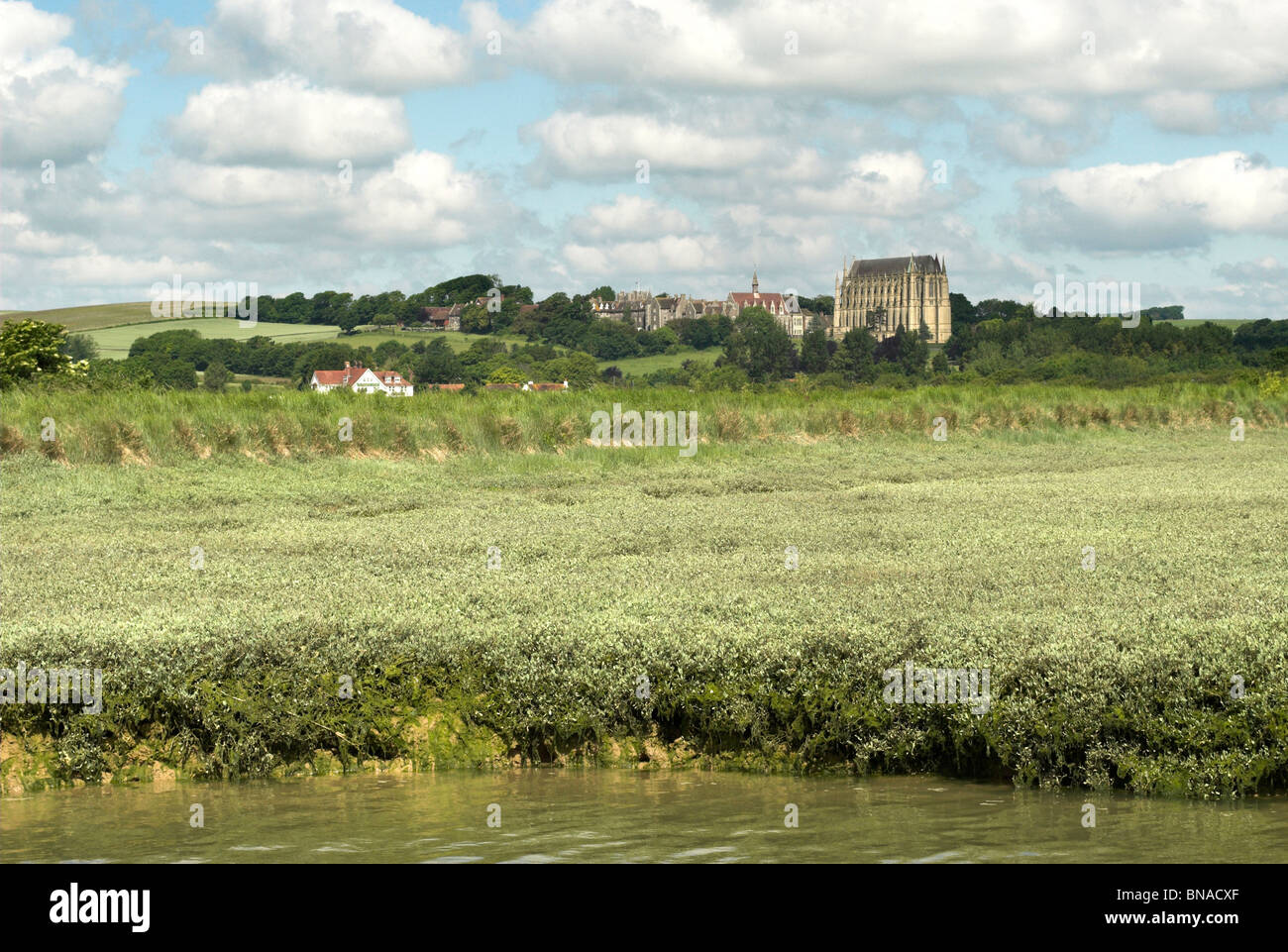 The riverbank of the River Adur with Lancing College and the South ...