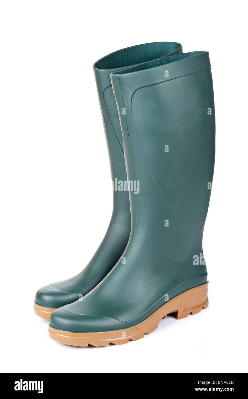 Green rubber boots isolated on white background Stock Photo - Alamy