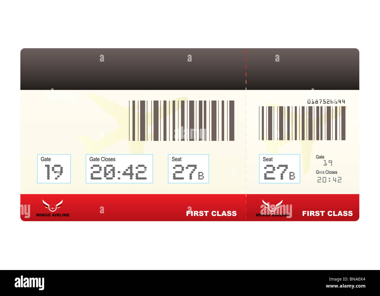 first class plane ticket or boarding pass in red with barcode Stock ...