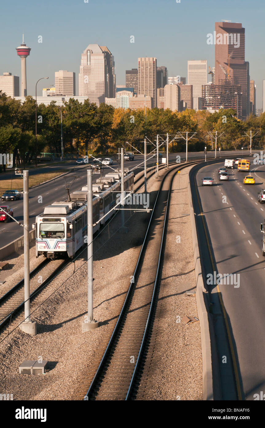 City of Calgary skyline from Memorial Drive St. George's Bridge, LRT ...