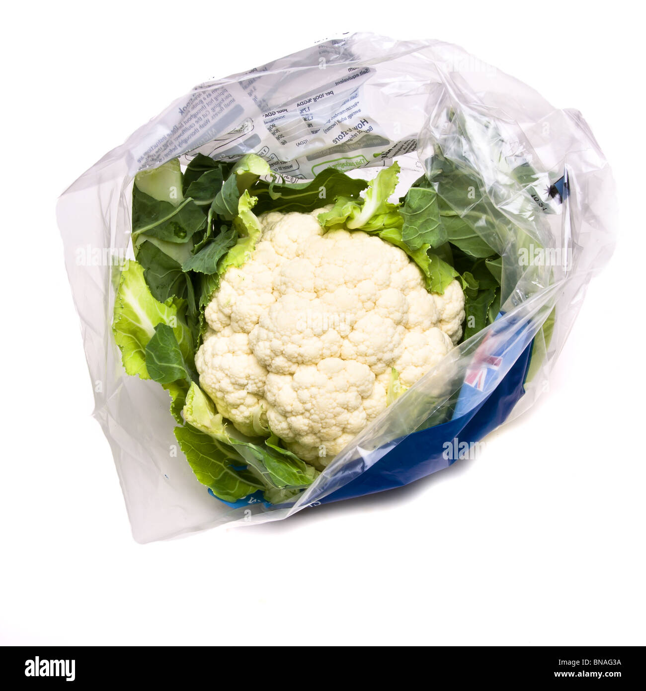 Pre Packed Cauliflower in plastic bag isolated against white background ...