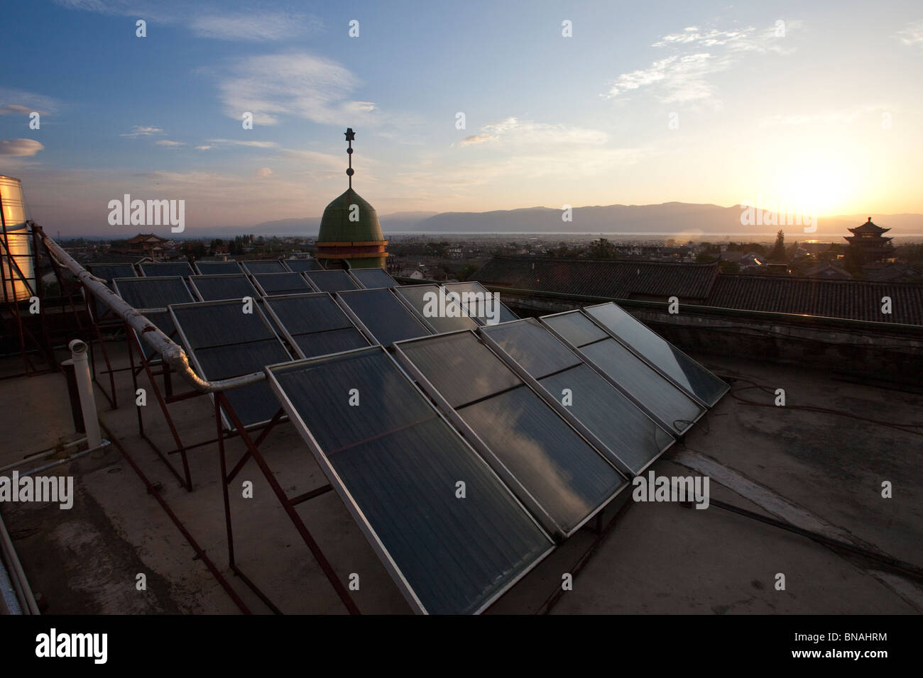Water heating solar panels on top of a mosque in Dali, Yunnan Province ...