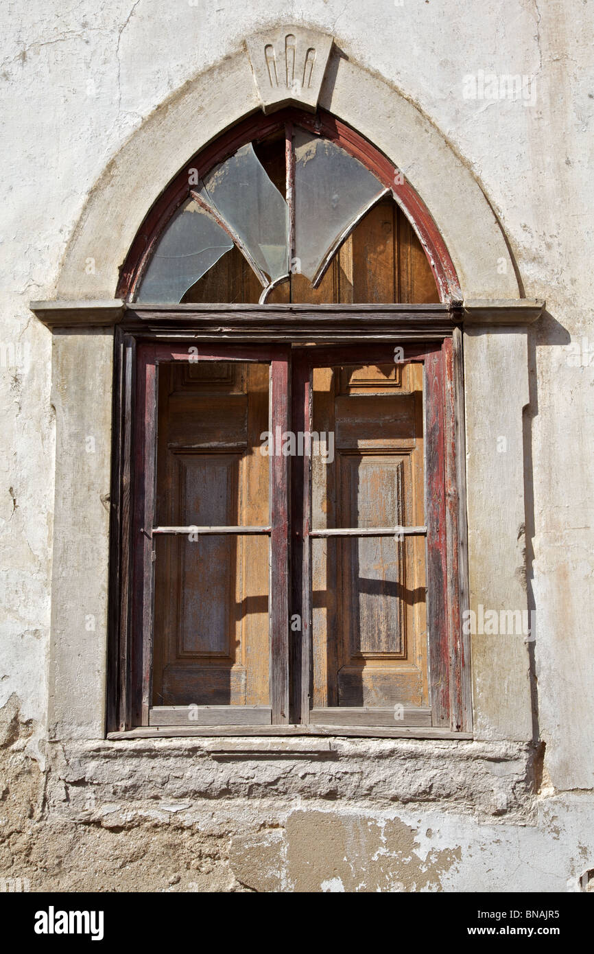 Medieval Red Wood Church Window with Broken Glass Panes Stock Photo - Alamy