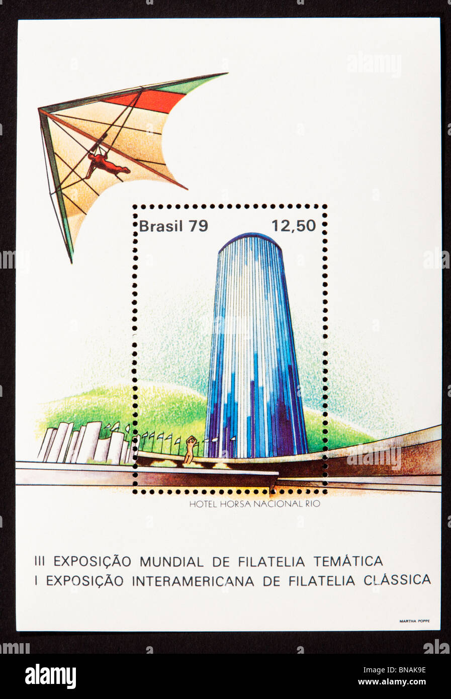 Souvenir sheet with postage stamp from Brazil depicting the Hotel ...