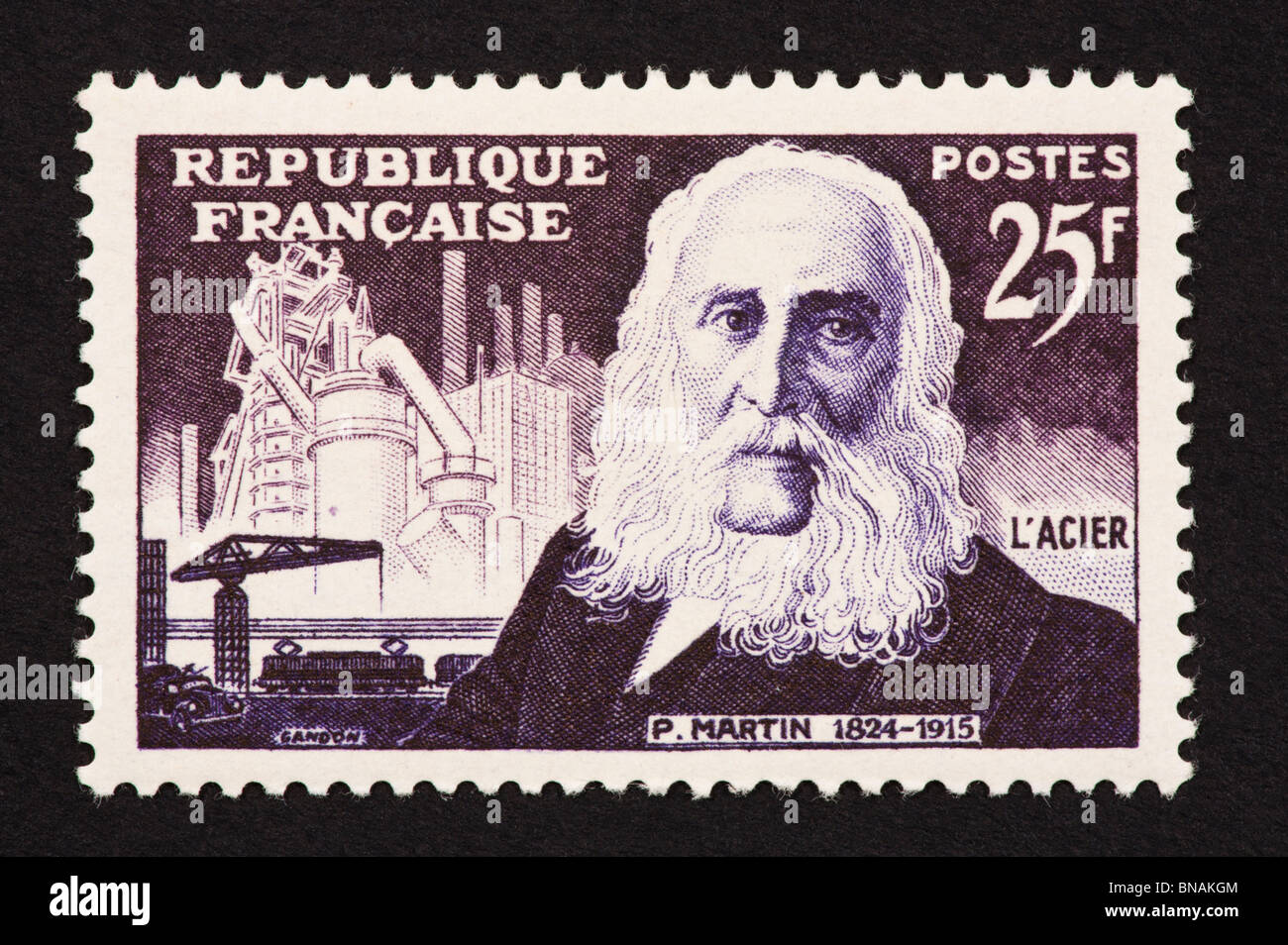 Postage stamp from France depicting Pierre Martin, steel making pioneer ...
