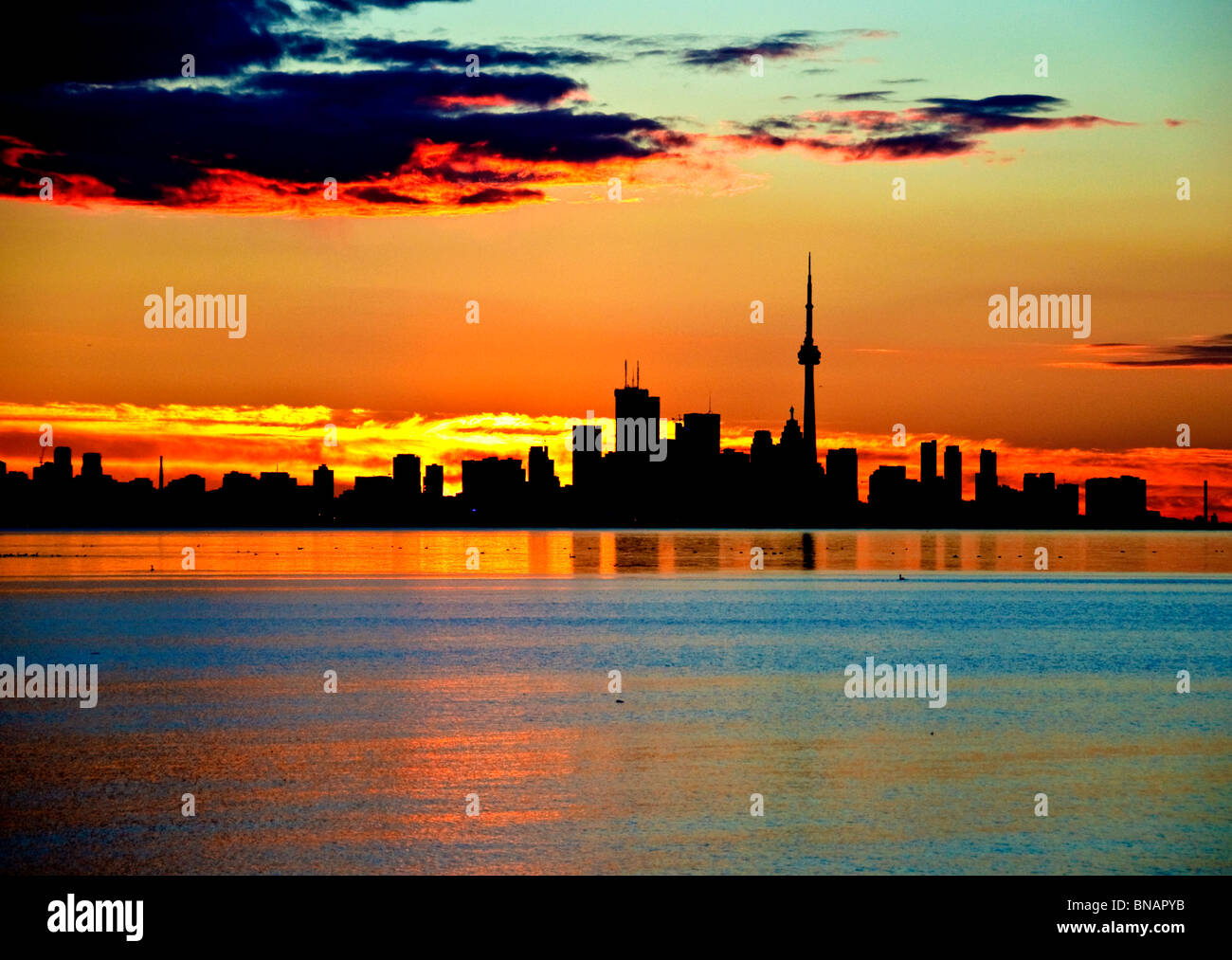 early morning view of toronto skyline with glowing orange sky Stock ...