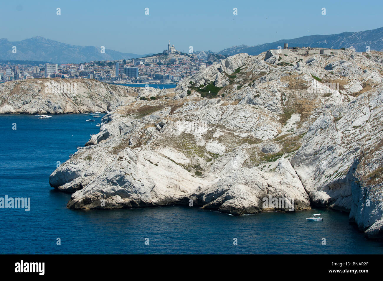 Notre Dame de la Garde from the Iles de Frioul. Marseille, France Stock ...