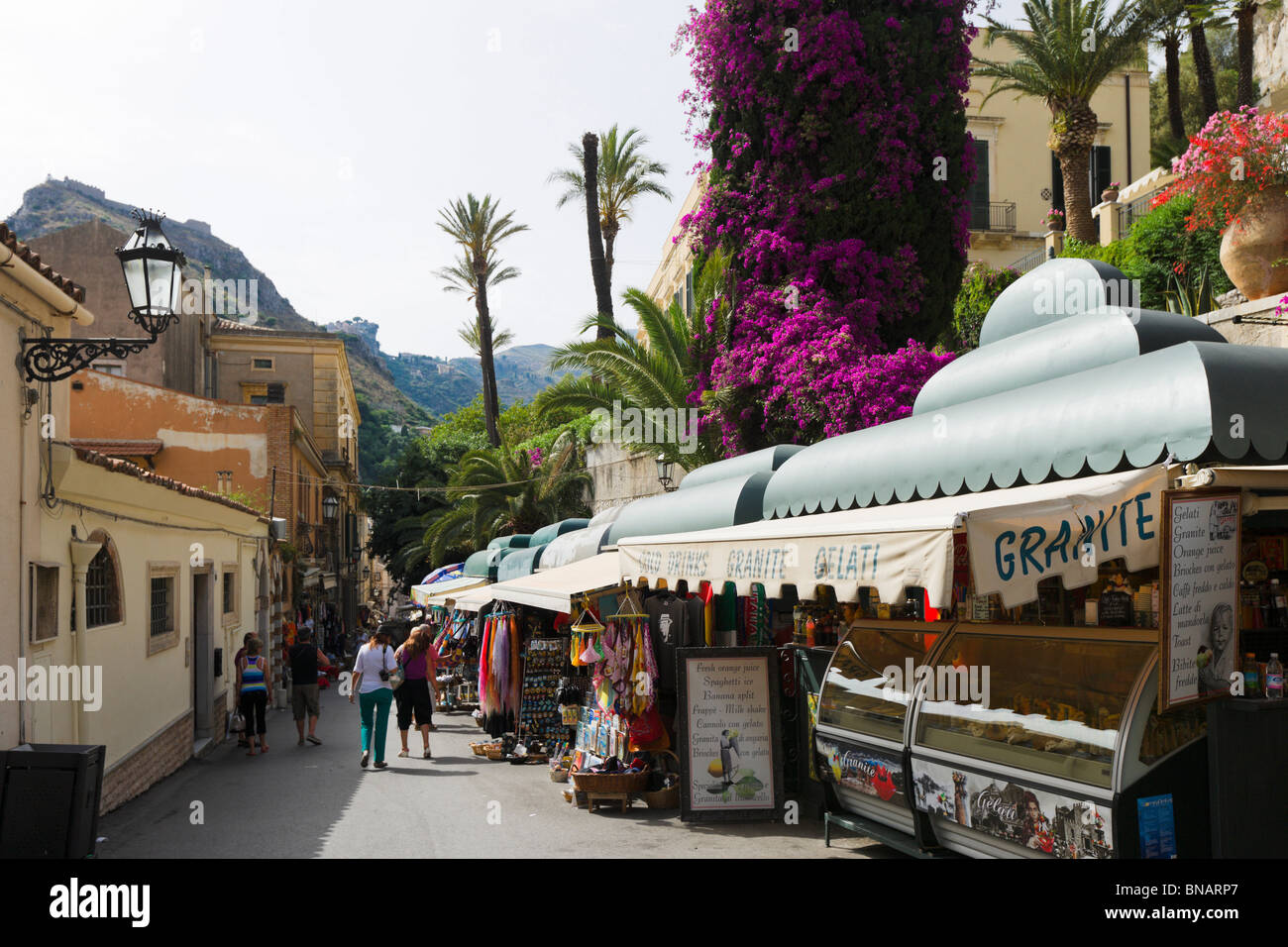 Shops on the Via Teatro Greco in the old town, Taormina, South East ...