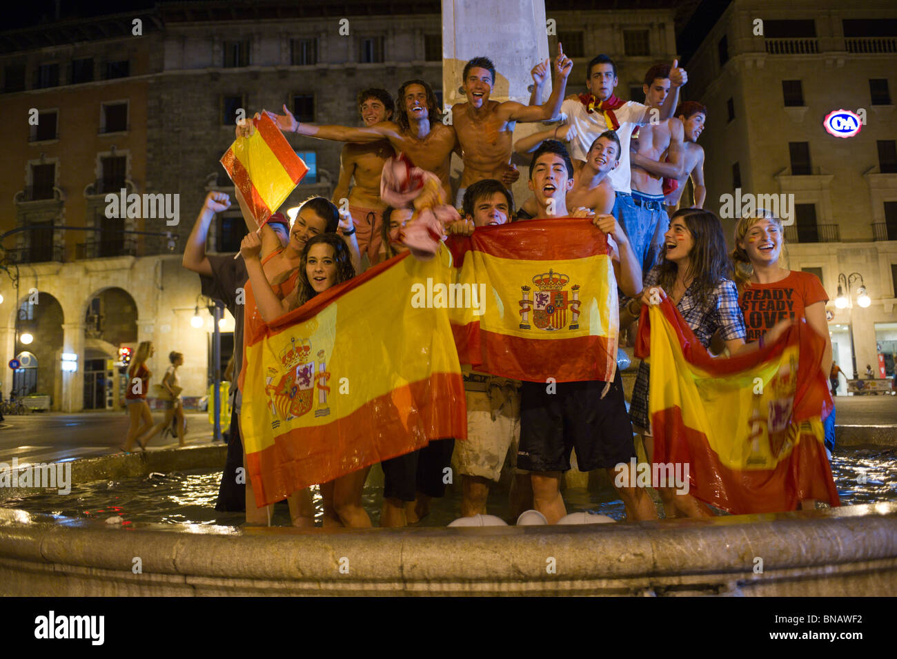 Spanish fans celebrate Spain's win over Germany in the FIFI World Cup ...