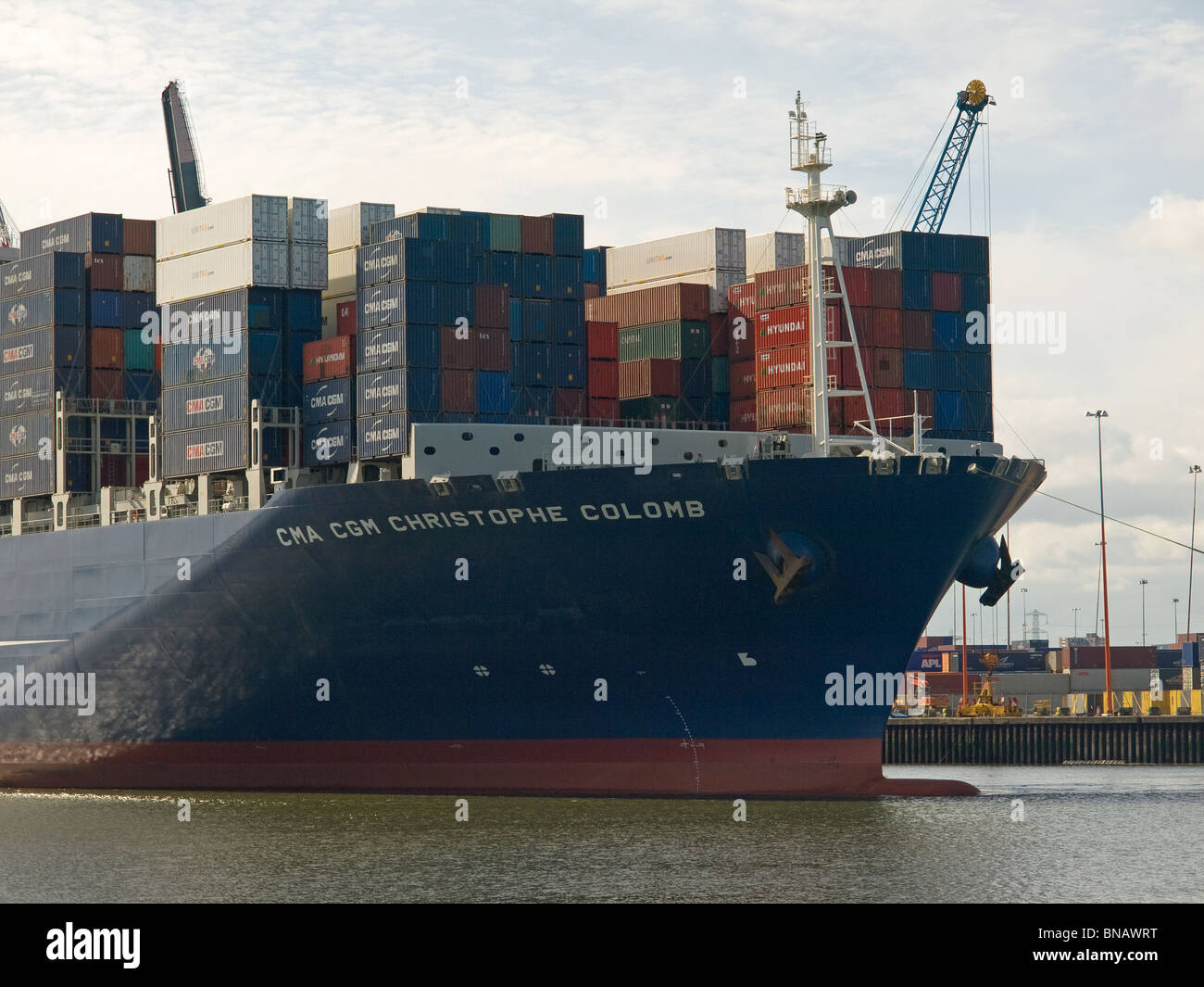 Container ship CMA CGM Christophe Colomb leaving Southampton UK Stock ...
