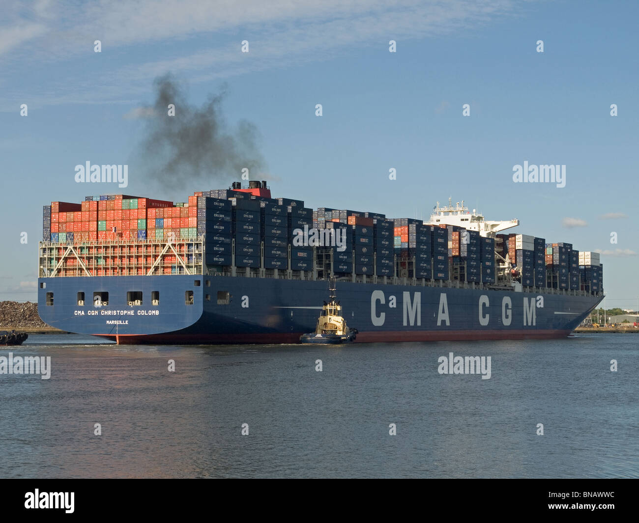 Container ship CMA CGM Christophe Colomb leaving Southampton UK Stock ...