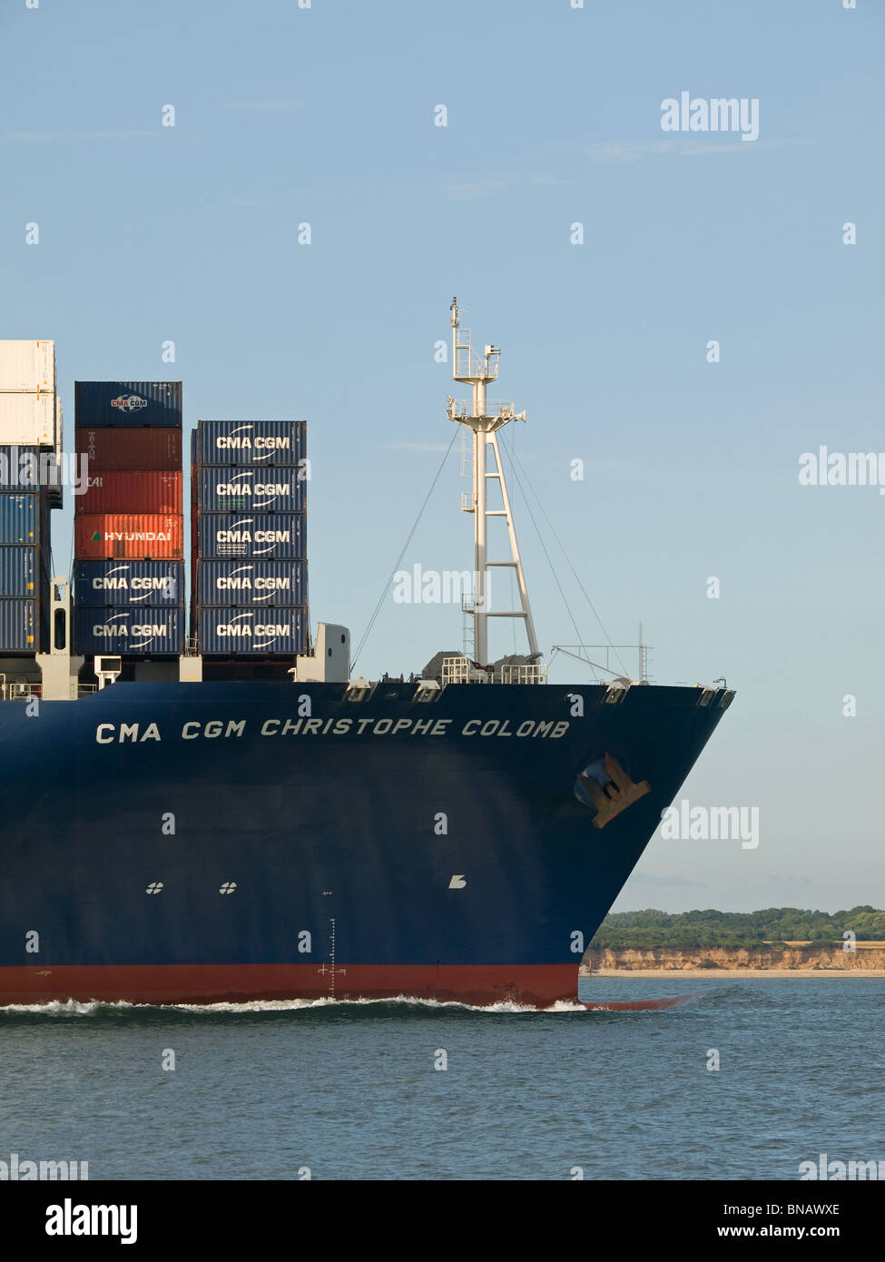 Container ship CMA CGM Christophe Colomb leaving Southampton UK Stock ...
