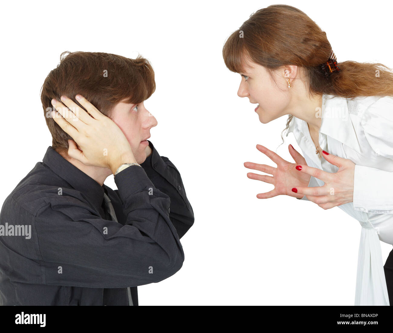 Man and woman swear isolated on a white background Stock Photo - Alamy
