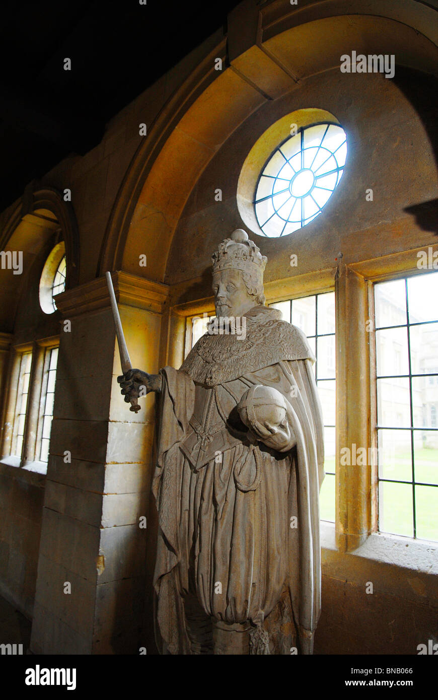 Statue of James 1st in the entrance hall at Apethorpe Hall, Northants ...