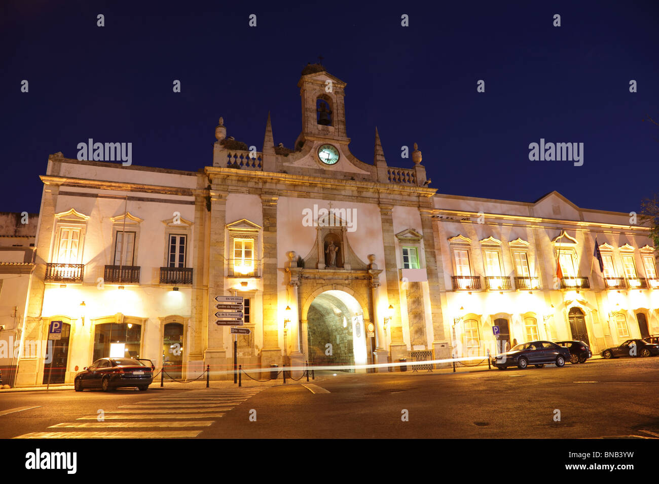 Building illuminated at night in the old town of Faro, Portugal Stock ...