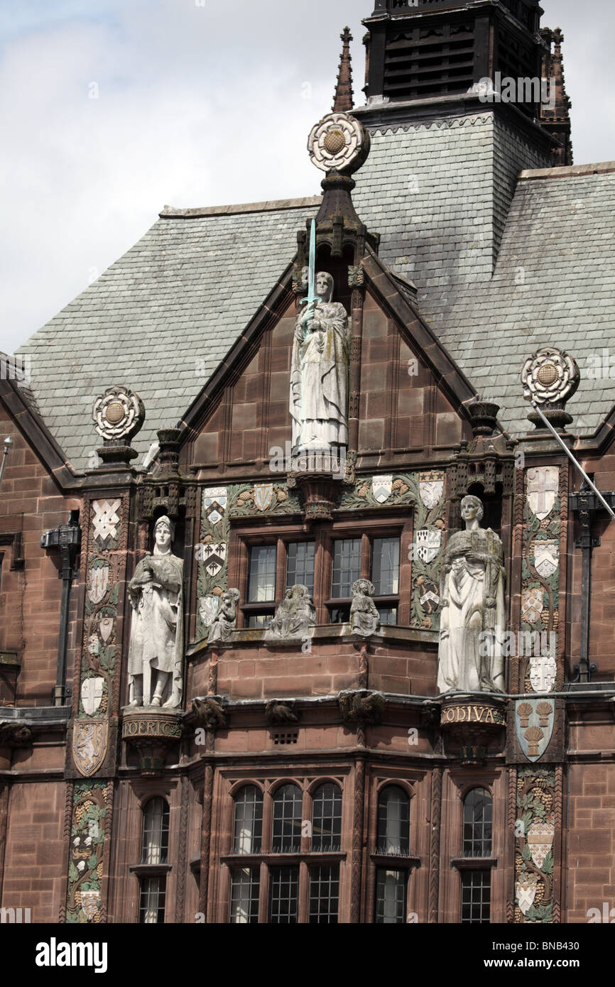 Statues of Justice, Earl Leofric and Lady Godiva, on the front of ...