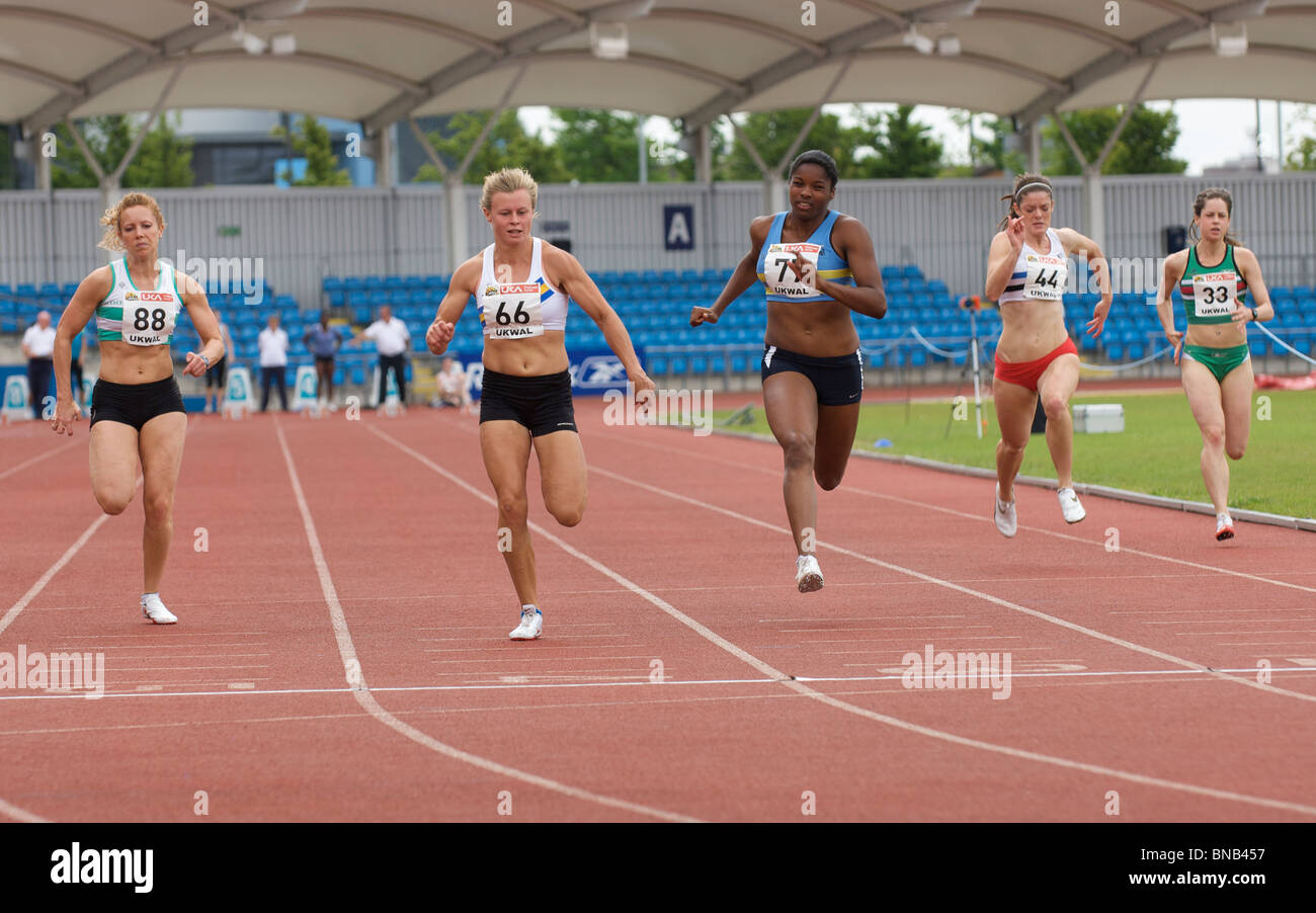 finish of 100m race at Sportcity , Manchester , July 2010 Stock Photo ...