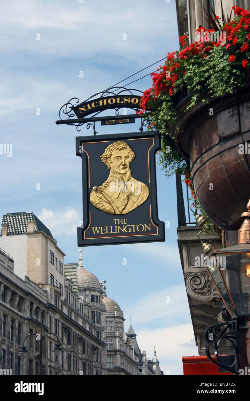 The Wellington, pub sign, huge bowl of geraniums and gas lamp in the ...