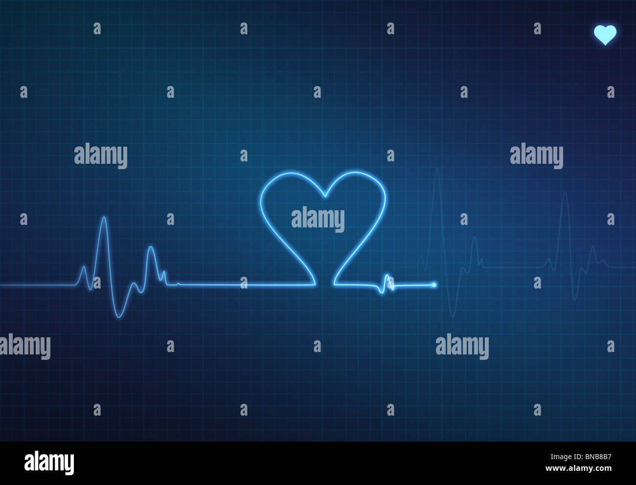 Heart-shaped blip on a medical heart monitor (electrocardiogram) with ...