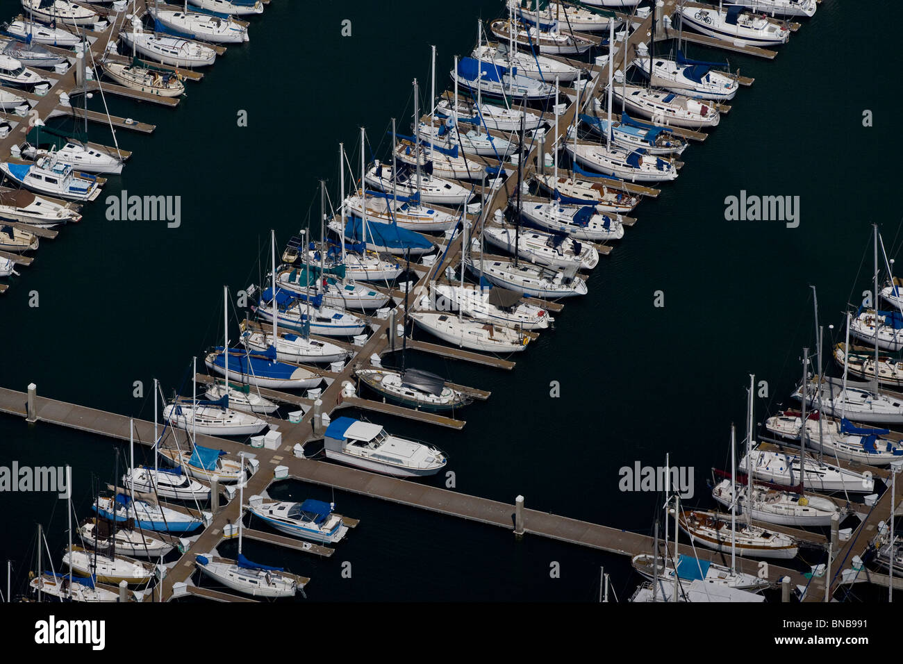 aerial view above sail boats docked marina Sausalito Marin county ...