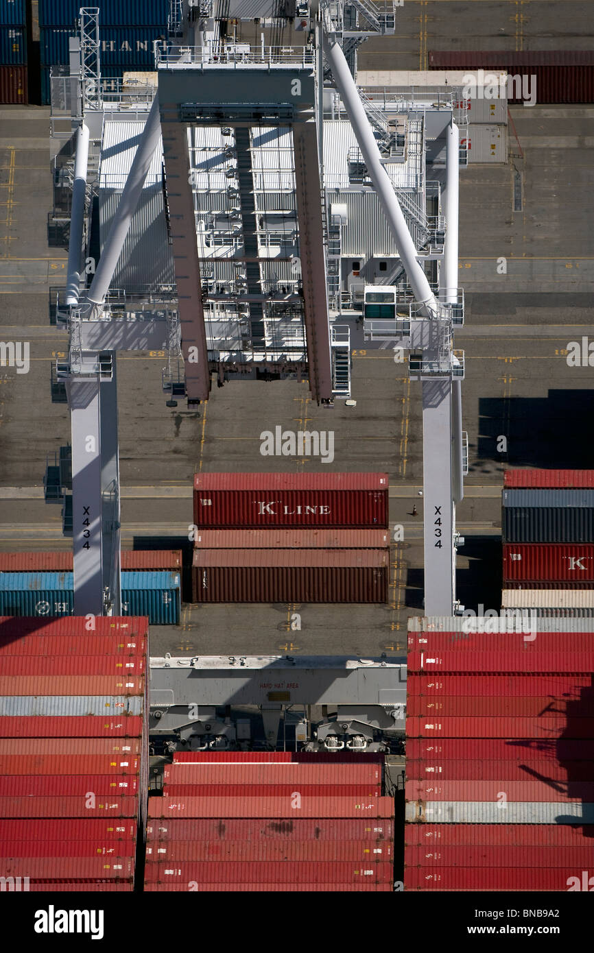 aerial view above crane loading containers Port of Oakland California ...