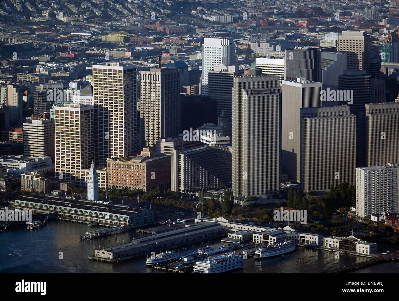 aerial view above Embarcadero Ferry Building waterfront San Francisco ...