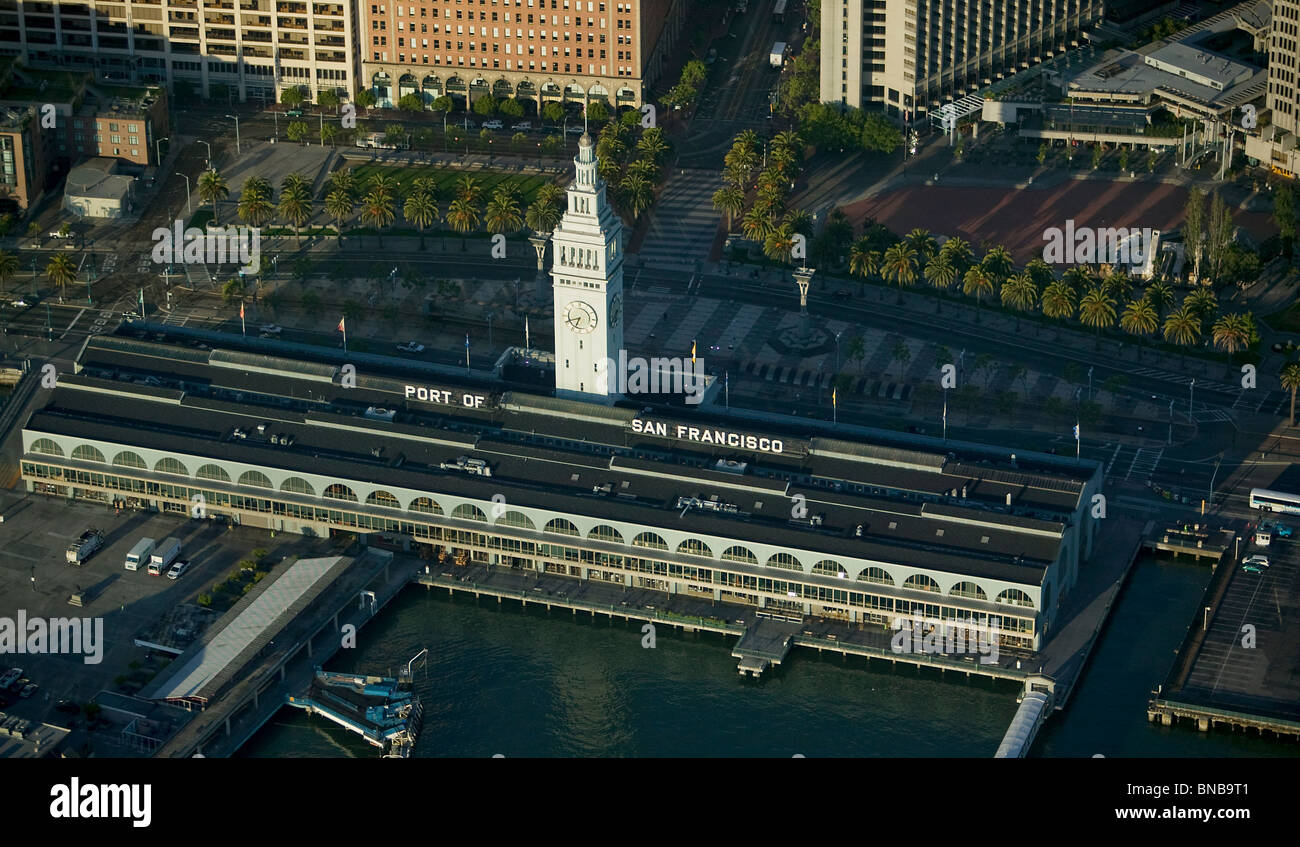 aerial view above Ferry building Embarcadero Port of San Francisco ...