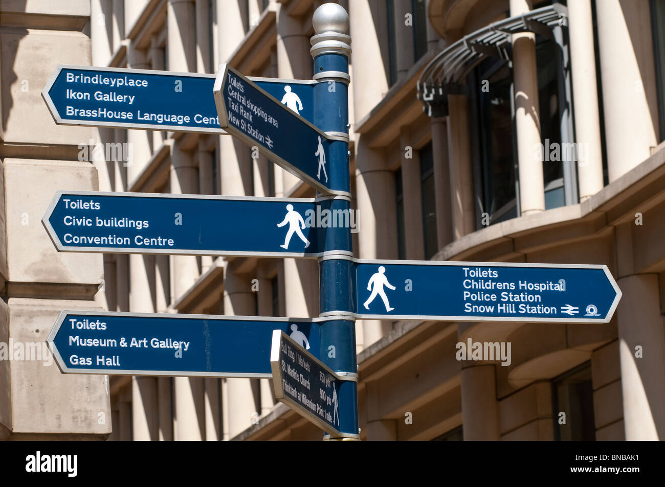 Blue city centre pedestrian information signpost, Birmingham Stock ...