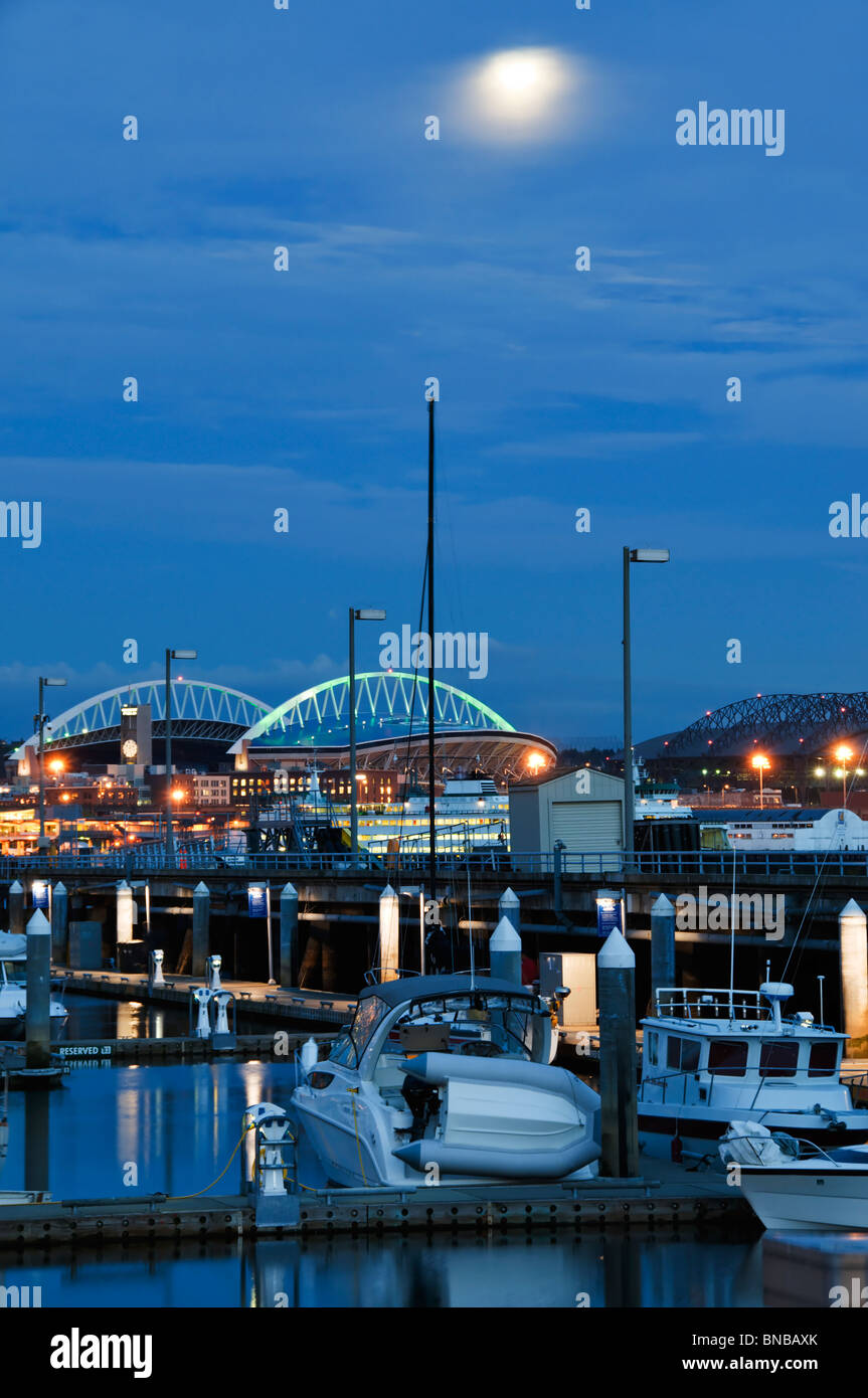Twilight and moonlight on a summer evening with views of the Seattle ...