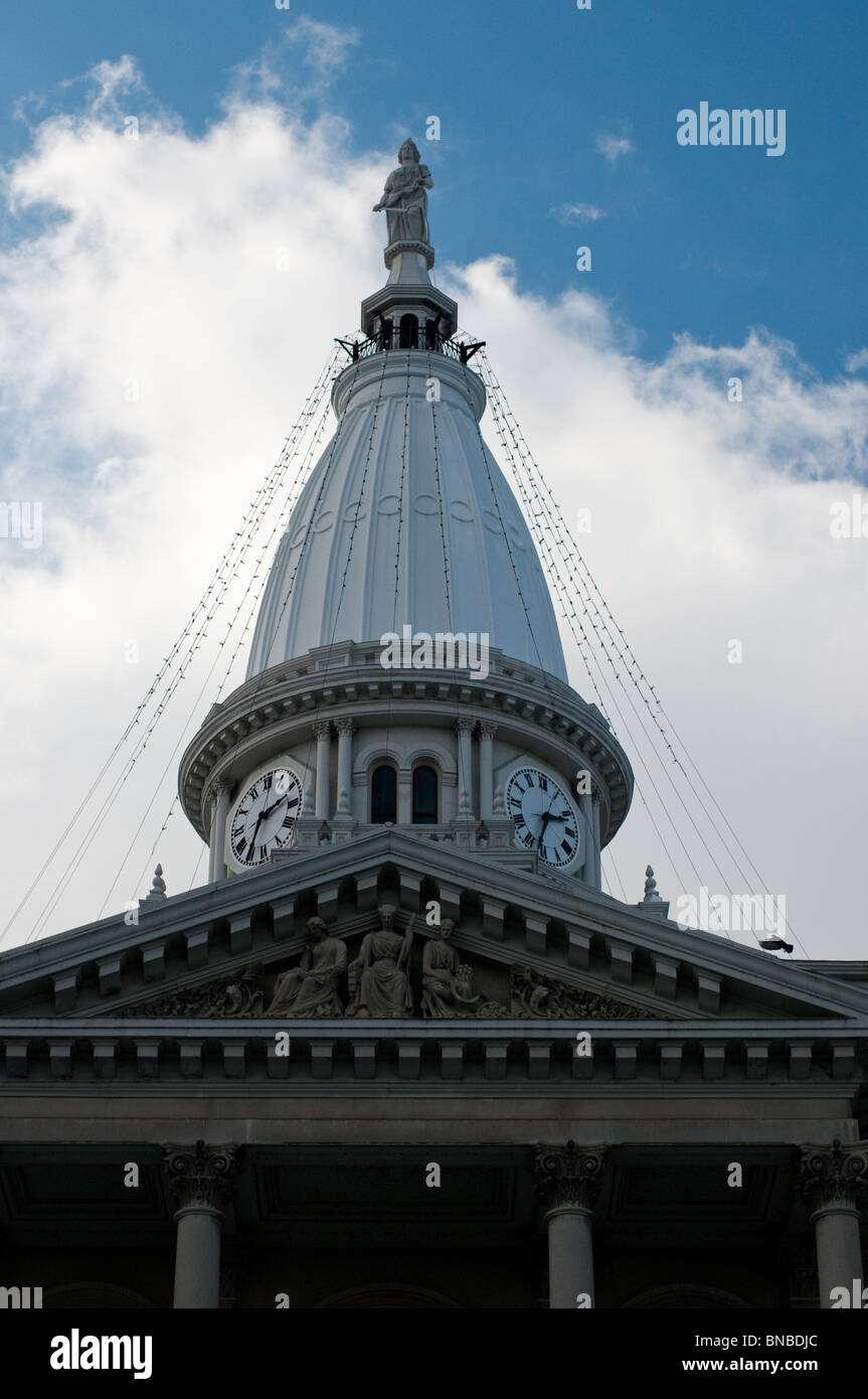 The bell and clock tower and statue atop the Tippecanoe county ...