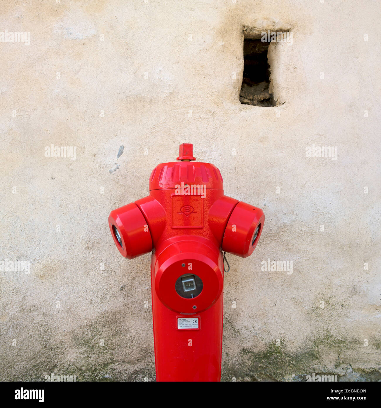 Fire hydrant in front of a wall with an opening, showcasing urban ...