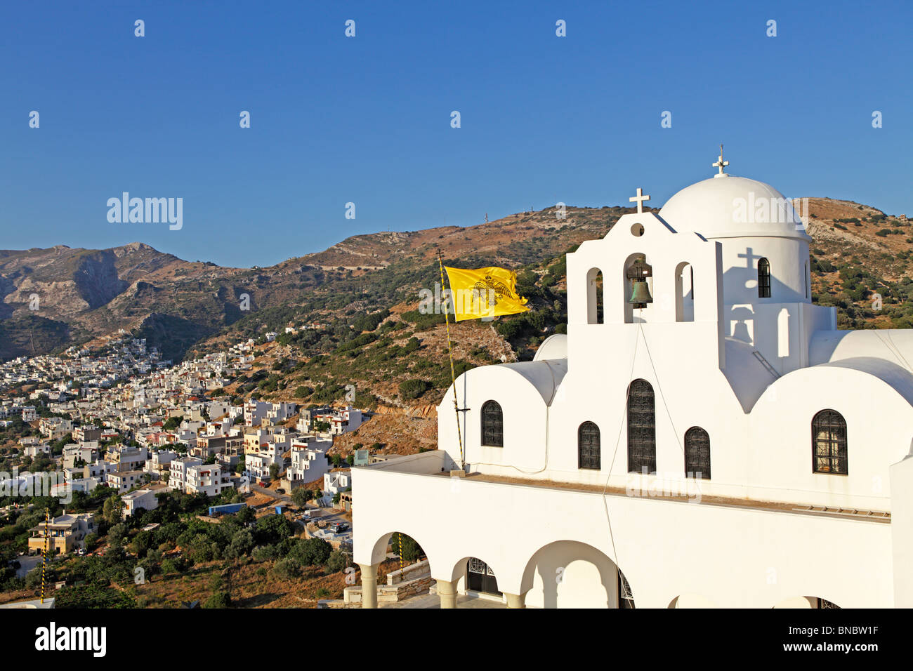 church overlooking the mountain village Filoti, Island of Naxos ...