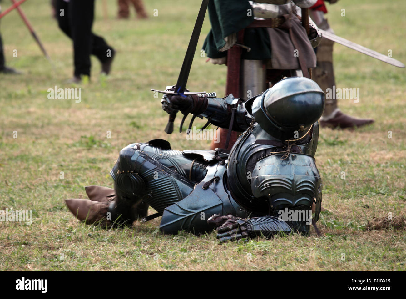 Battle of Tewkesbury Re-enactment, 2010, A knight is mortally wounded ...