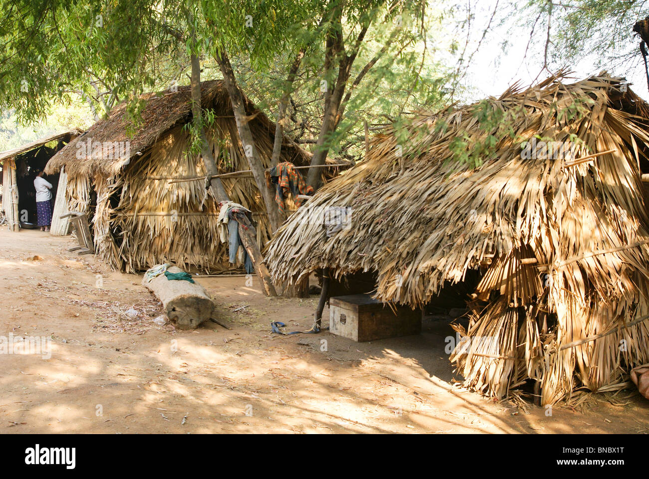 Myanmar, Pakokku, thatch Houses on the banks of the Chindwin river ...