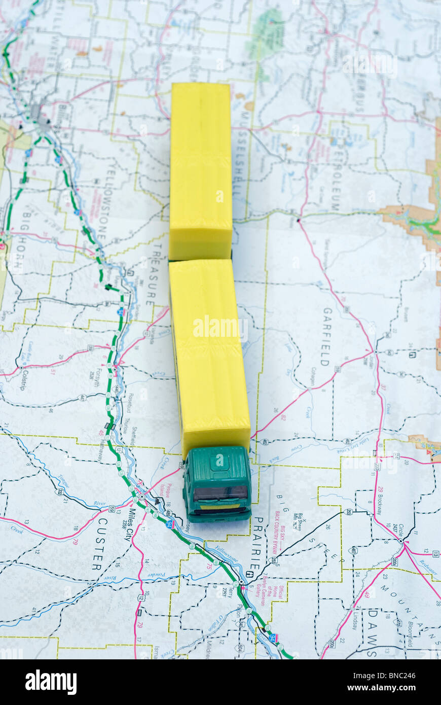 overhead view of a truck model on USA road map Stock Photo - Alamy