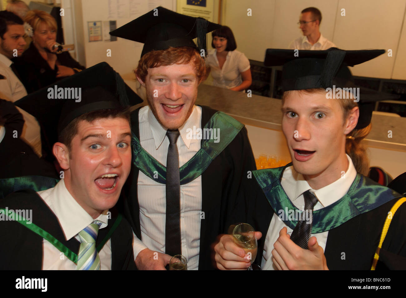 Three male Students at Aberystwyth University Graduation day, Wales UK ...
