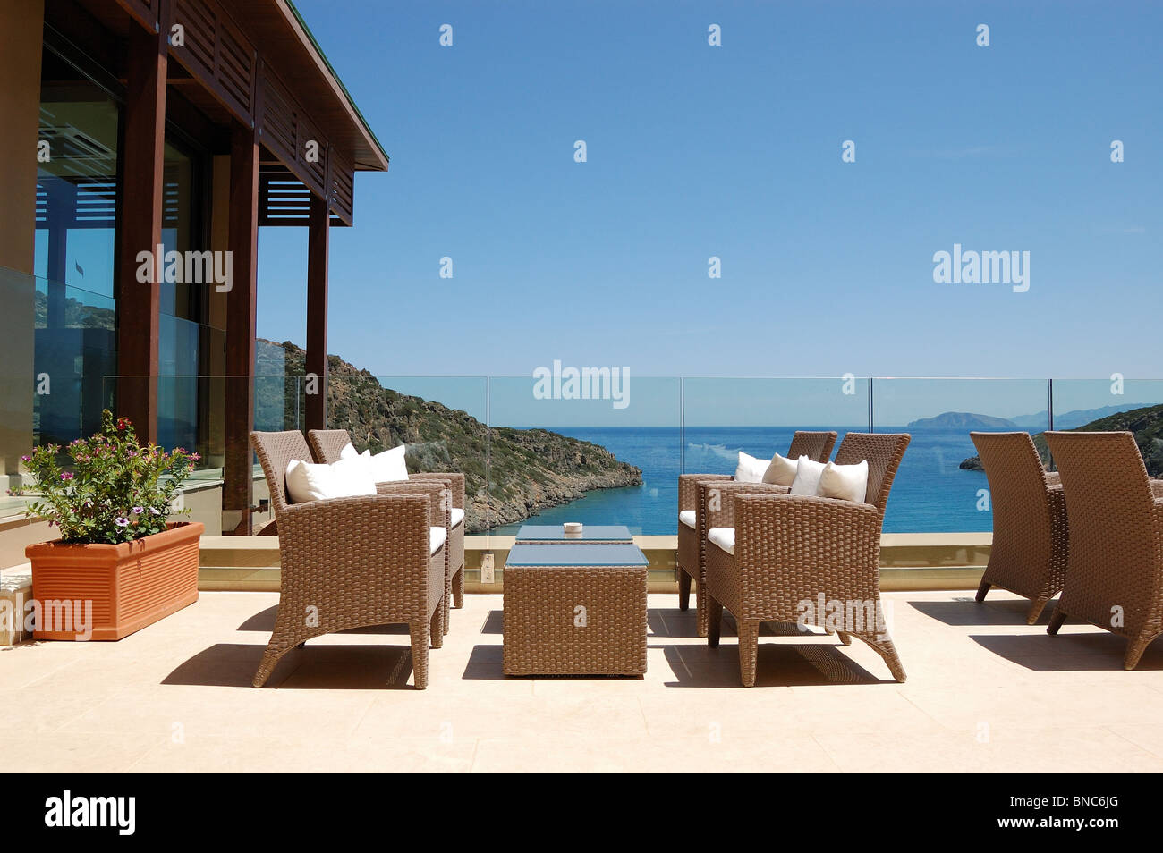 Sea view relaxation area of luxury hotel, Crete, Greece Stock Photo - Alamy