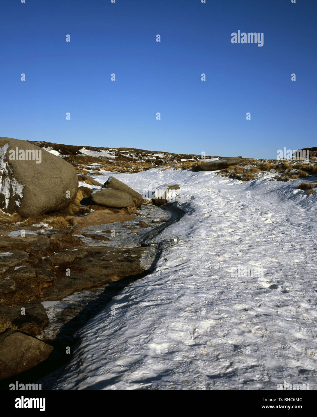 The course of The River Kinder beneath a covering of ice and snow at ...