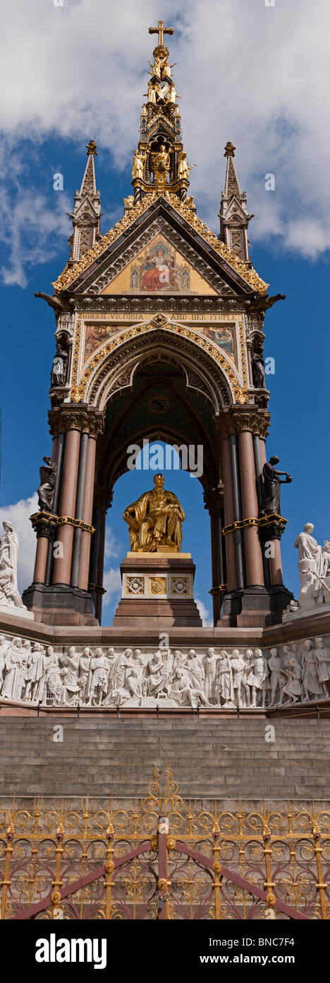 Detailed vertical panorama of the Prince Albert Memorial. A gold leaf ...