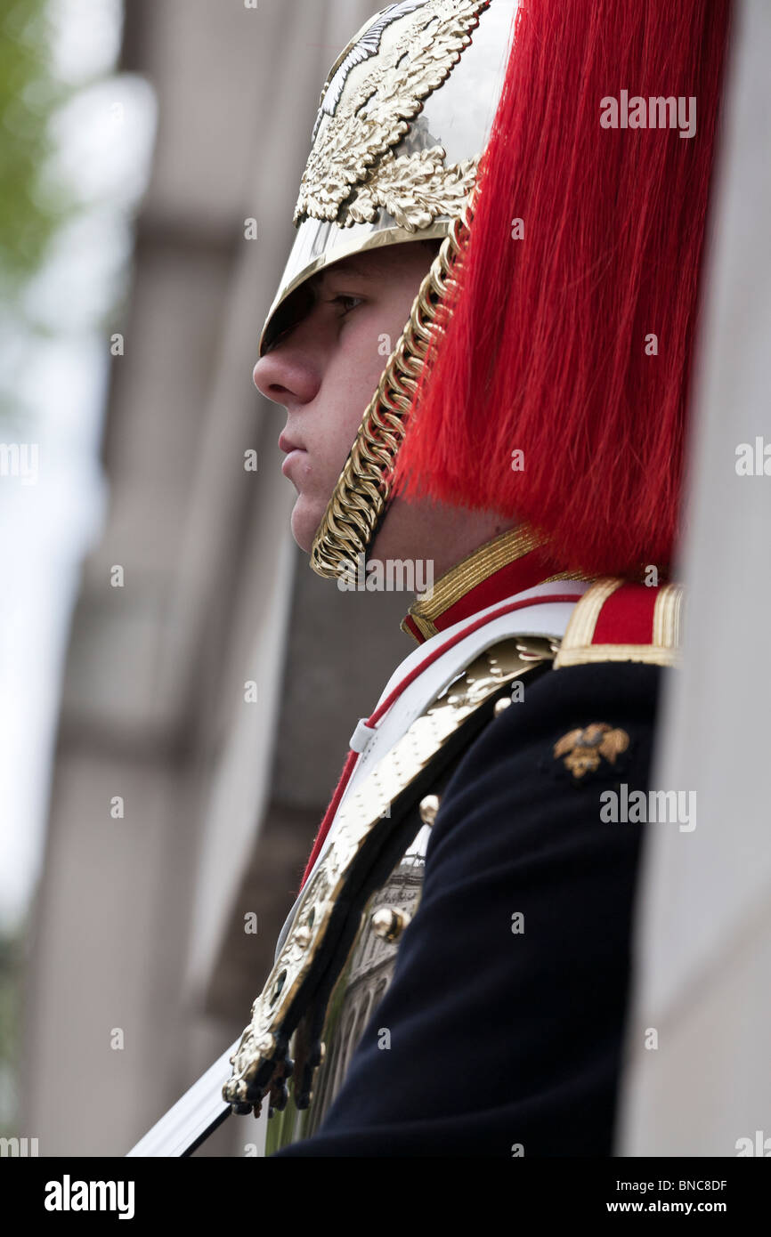Face of a Young Horse Guard. A young man sits astride a horse guarding ...