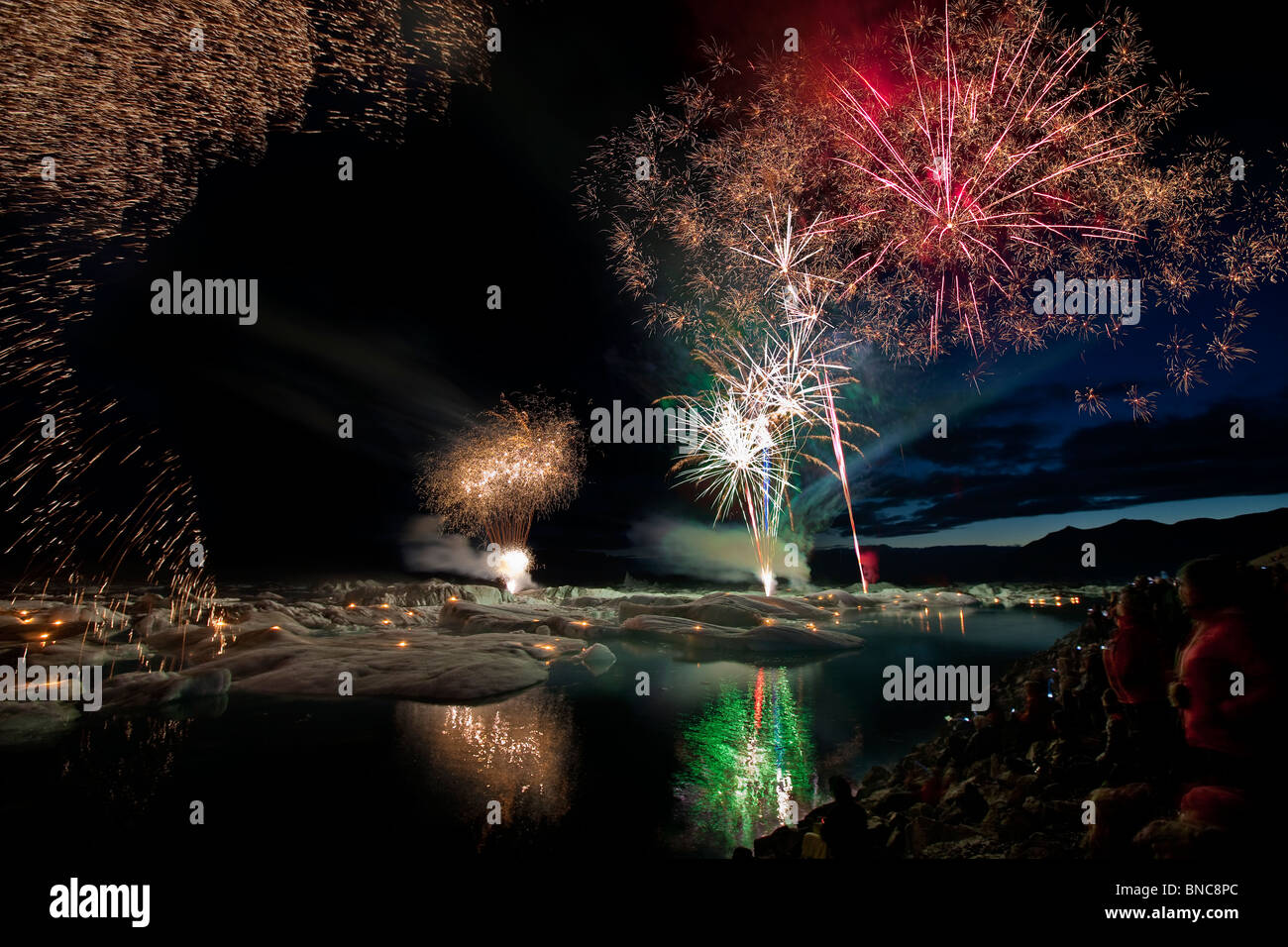 Fireworks display over Jokulsarlon Glacial Lagoon, Iceland Stock Photo ...